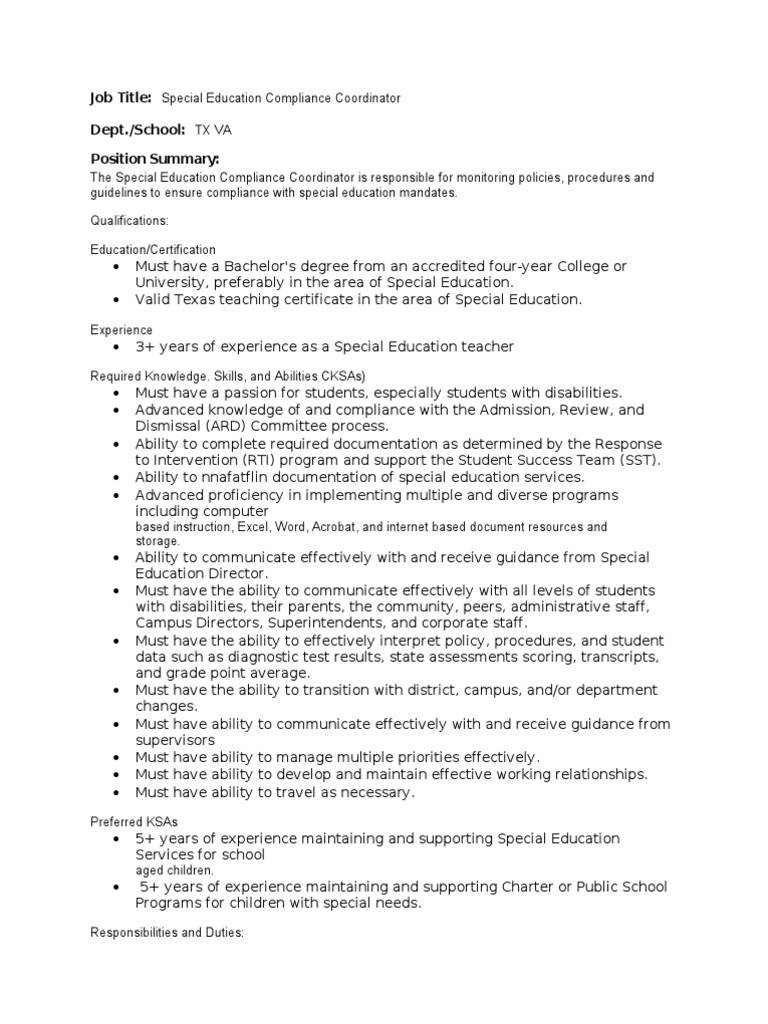 SpEd Compliance Coordinator | PDF | Special Education | Quality Of Life