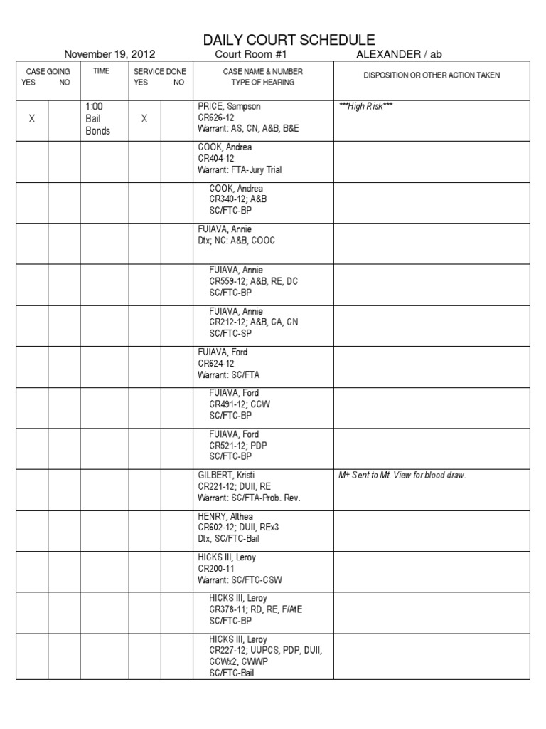 Daily Court Schedule: November 19, 2012 Court Room #1 Alexander / Ab ...