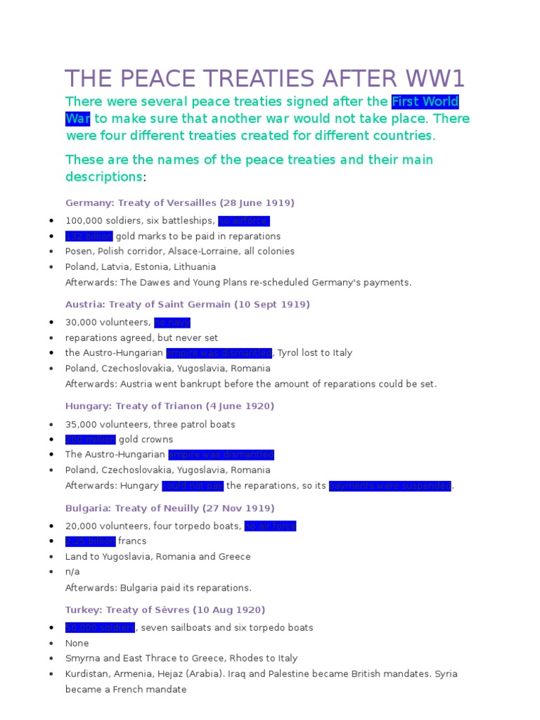 Post-WWI Peace Treaties Overview | PDF | World War I Reparations ...
