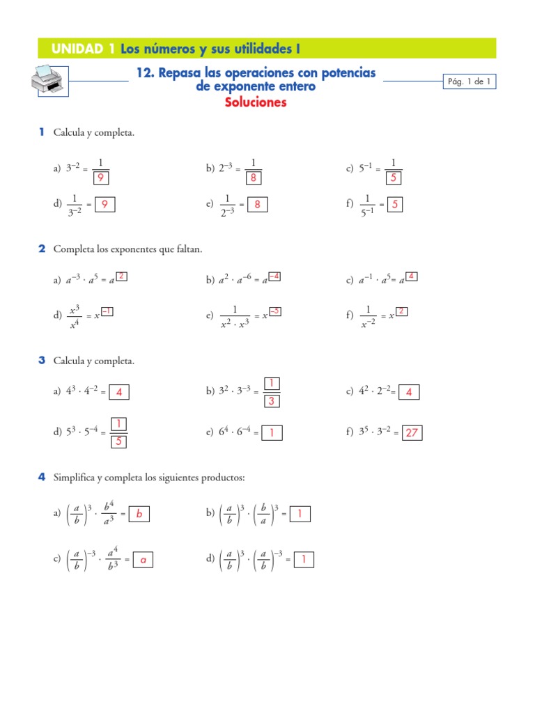 Repasa las operaciones con potencias de exponente entero y sus ...