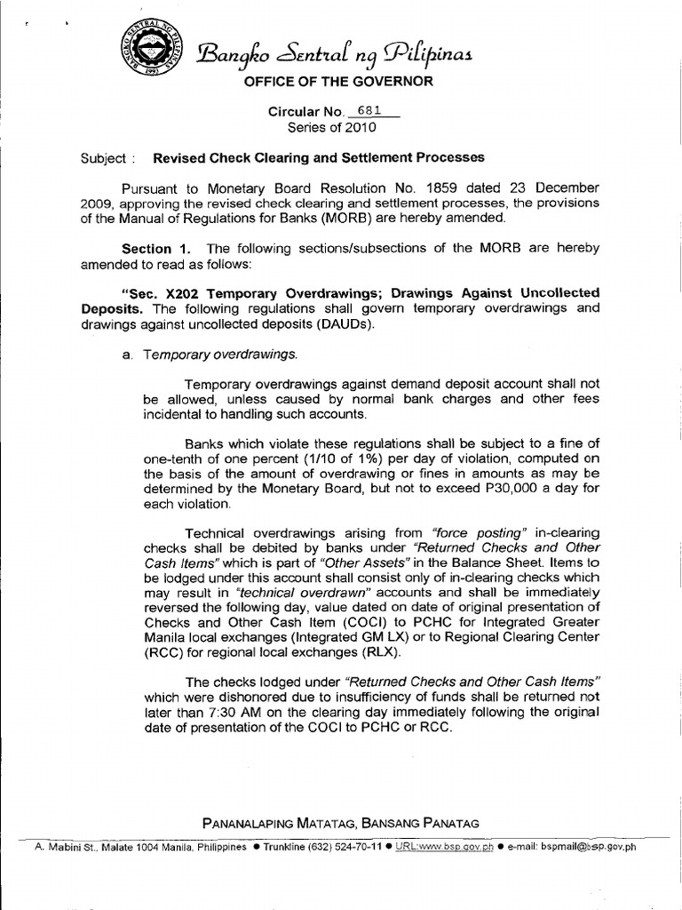 BSP Circular No. 681 - Series of 2010 "Revised Check Clearing and ...