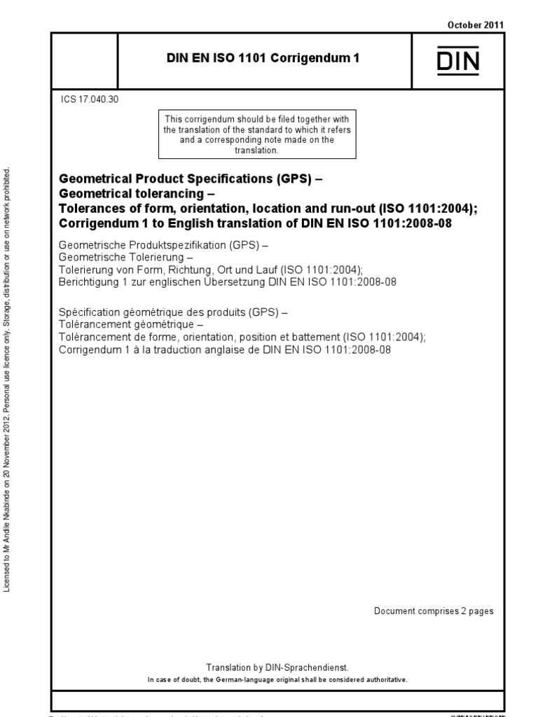 DIN en ISO 1101 Berichtigung 1 (2011-10) Geometrical Product Specifications (GPS) - Geometrical ...