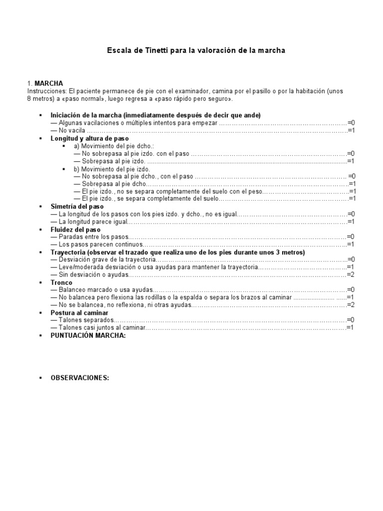Escala de Tinetti: Valoración de Marcha y Equilibrio | PDF | Deportes ...