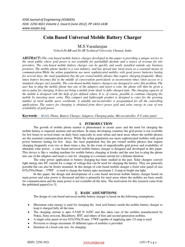 Paper On Coin Based Mobile Charger | PDF | Battery Charger | Power Inverter