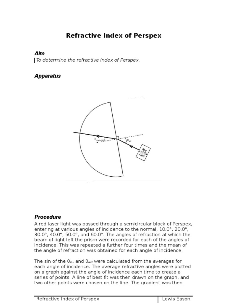 Physics - Refractive Index of Perspex | PDF | Refraction | Refractive Index