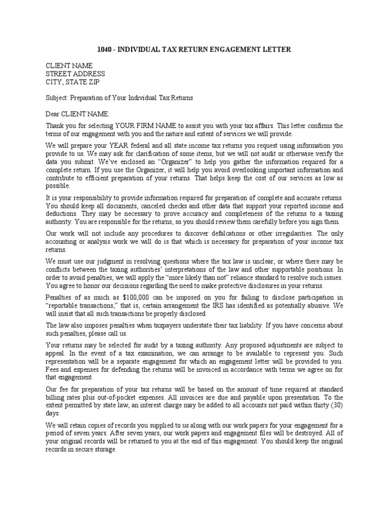 1040 - Individual Tax Return Engagement Letter | PDF | Tax Return ...