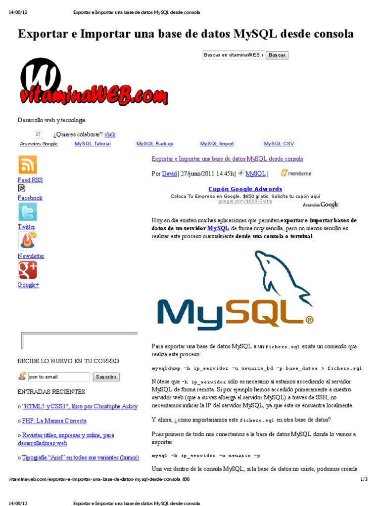 Exportar e Importar Una Base de Datos MySQL Desde Consola | PDF | Mi sql | Php