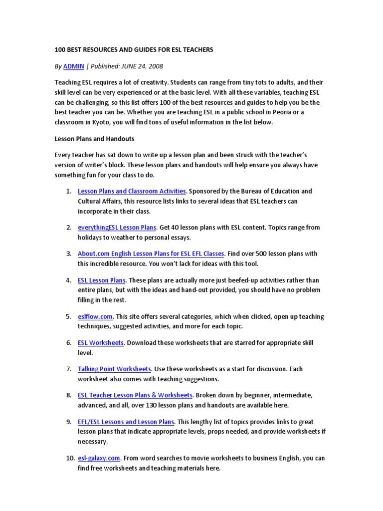 Top 100 ESL Teaching Resources | PDF | English As A Second Or Foreign ...