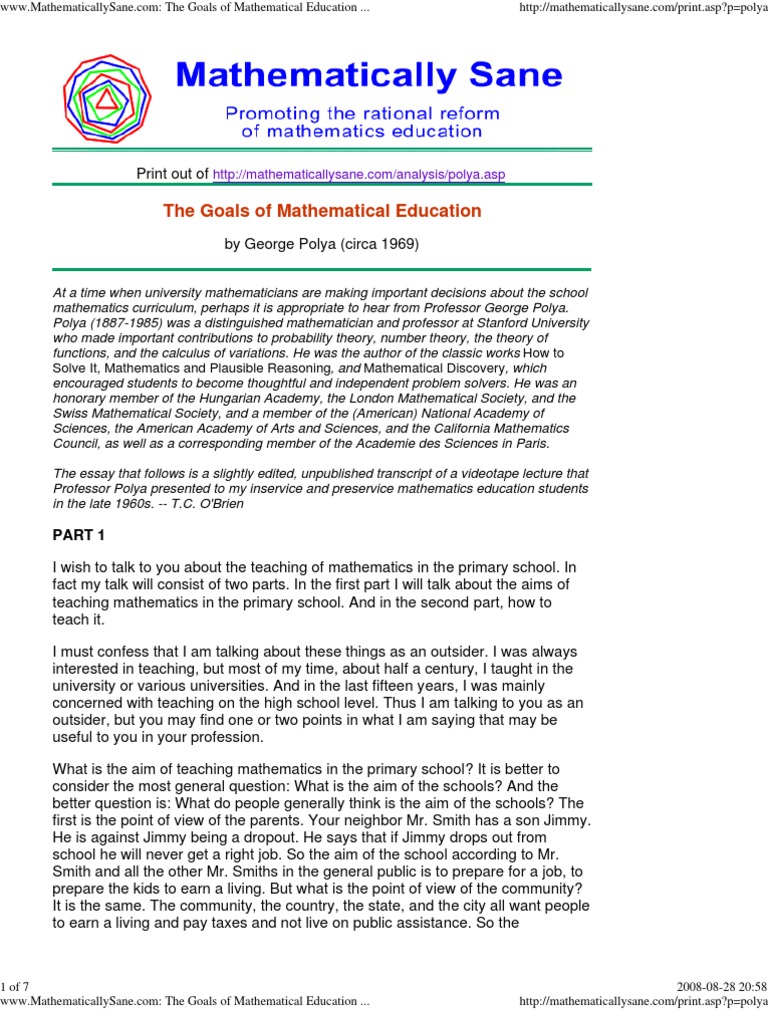 Polya GoalsofMathematicsEducation | PDF | Teaching Mathematics ...