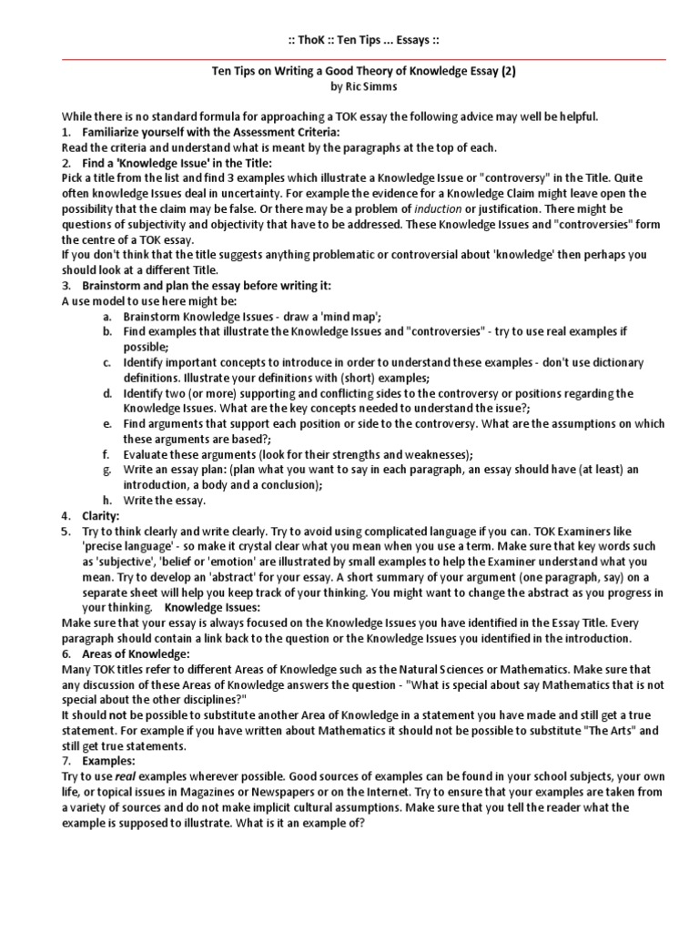 Ten Tips On Writing A Good Theory of Knowledge Essay by Ric Simms | PDF ...