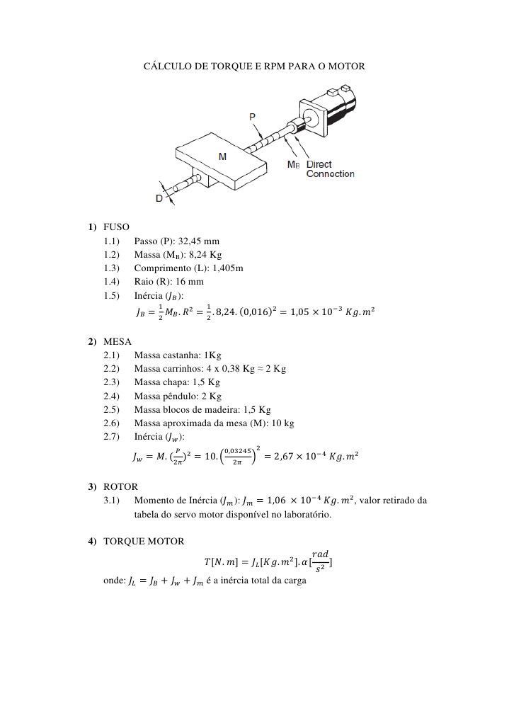 CÁLCULO DE TORQUE E RPM DO MOTOR