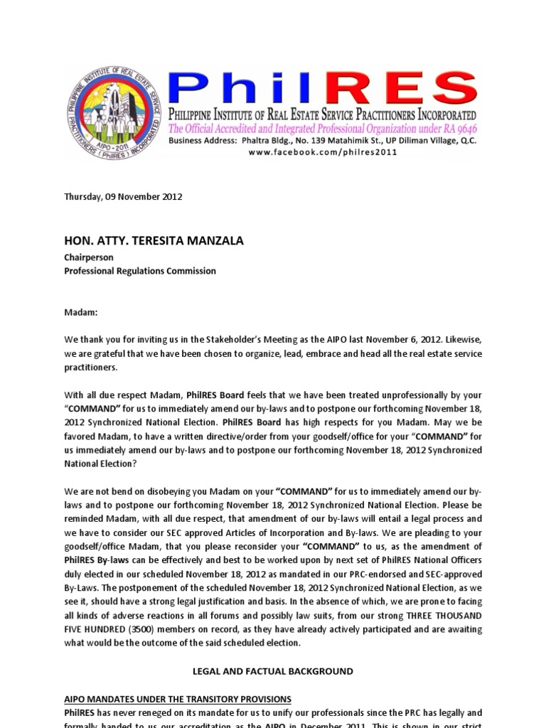Nov 09 - PhilRES Letter To PRC Re Nov 18 Election | PDF | By Law | Virtue
