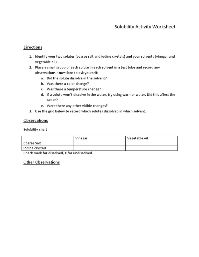 Solubility Activity Worksheet | PDF