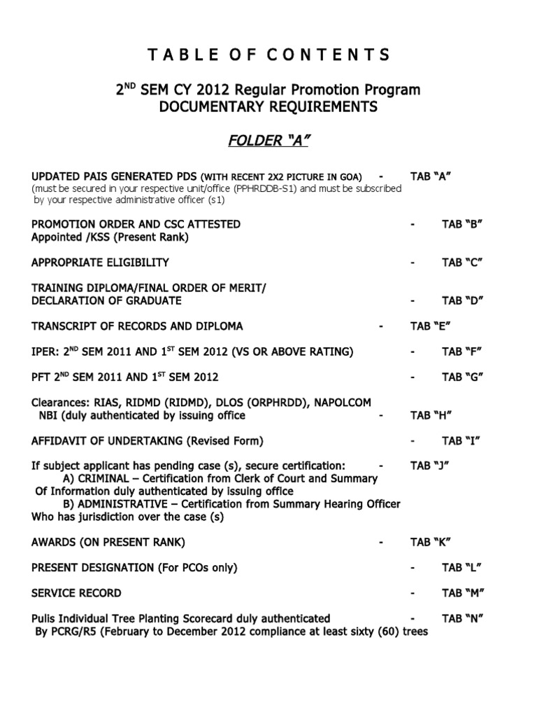 Table of Contents For Phase 2 Cy 2012 2nd Level Regular Promotion ...