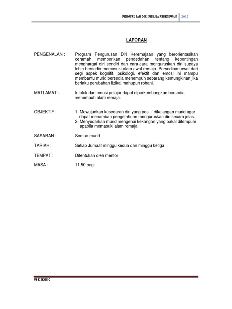 Laporan UBK Pengurusan Diri Remaja 2012 | PDF