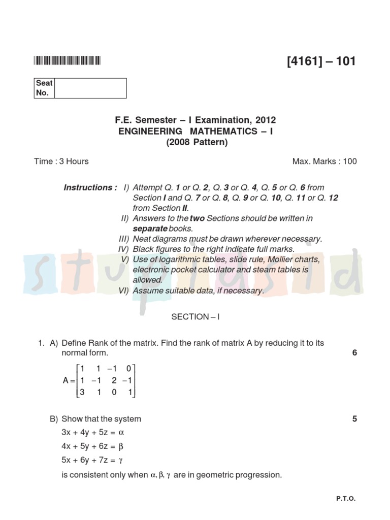 Engineering Math Exam 2012 | PDF | Matrix (Mathematics) | Eigenvalues ...