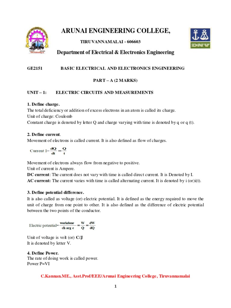 Unit 1 2marks | Download Free PDF | Series And Parallel Circuits | Electric Current