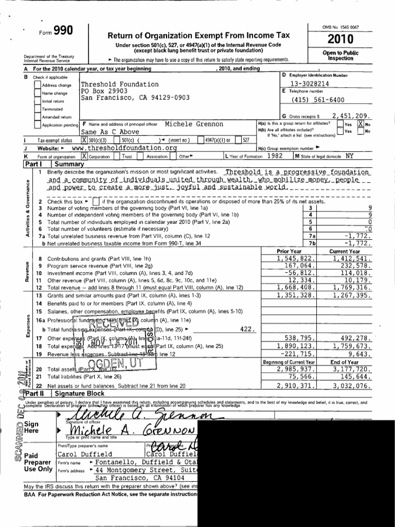 Threshold Foundation 2010 990 | PDF | Irs Tax Forms | 501(C) Organization