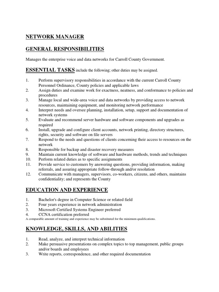 Network Manager General Responsibilities: Include The Following Other ...