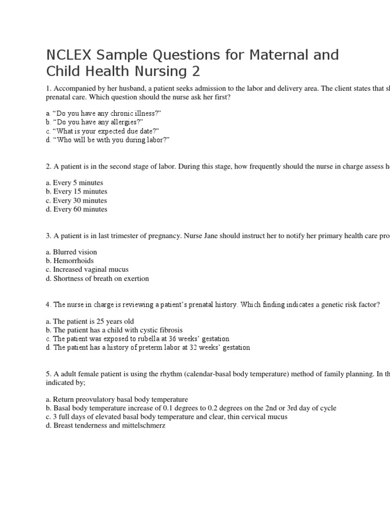 NCLEX Sample Questions For Maternal and Child Health Nursing 2 | PDF ...