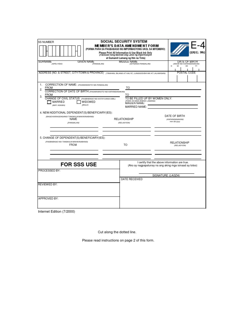 For Sss Use: Social Security System Member'S Data Amendment Form (DEC ...
