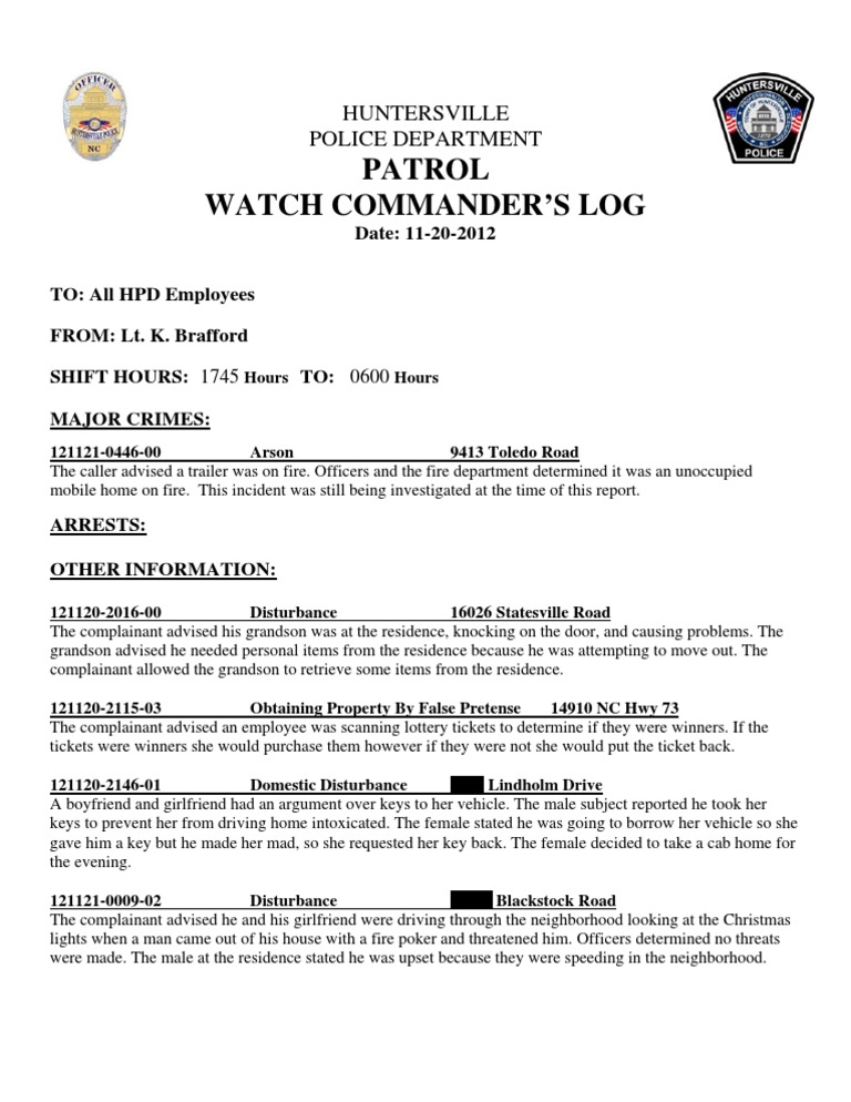 HPD Patrol Watch Log 11-20-12 Night | PDF