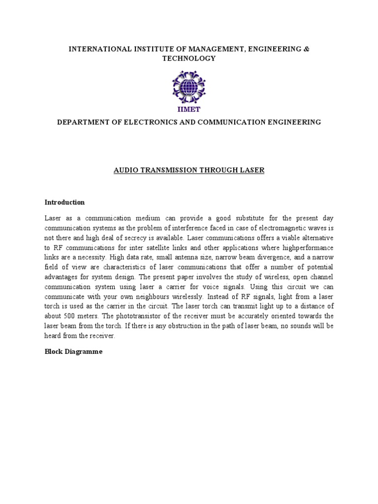 Project 1 (Laser Audio Transmitter) | PDF | Microphone | Laser