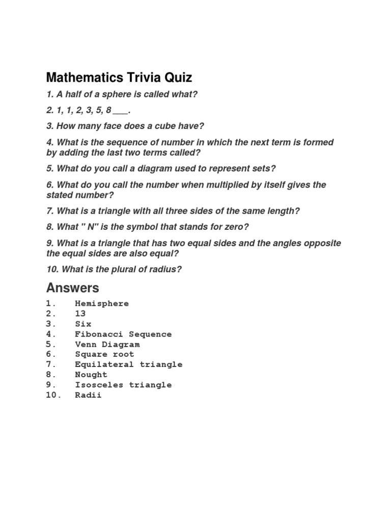 Mathematics Trivia Quiz: Answers | PDF | Teaching Methods & Materials