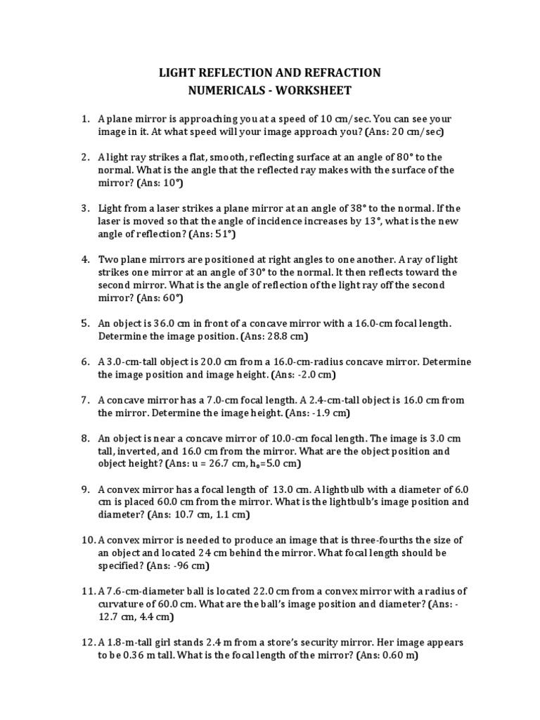 Light Reflection and Refraction Worksheet | PDF | Reflection (Physics ...