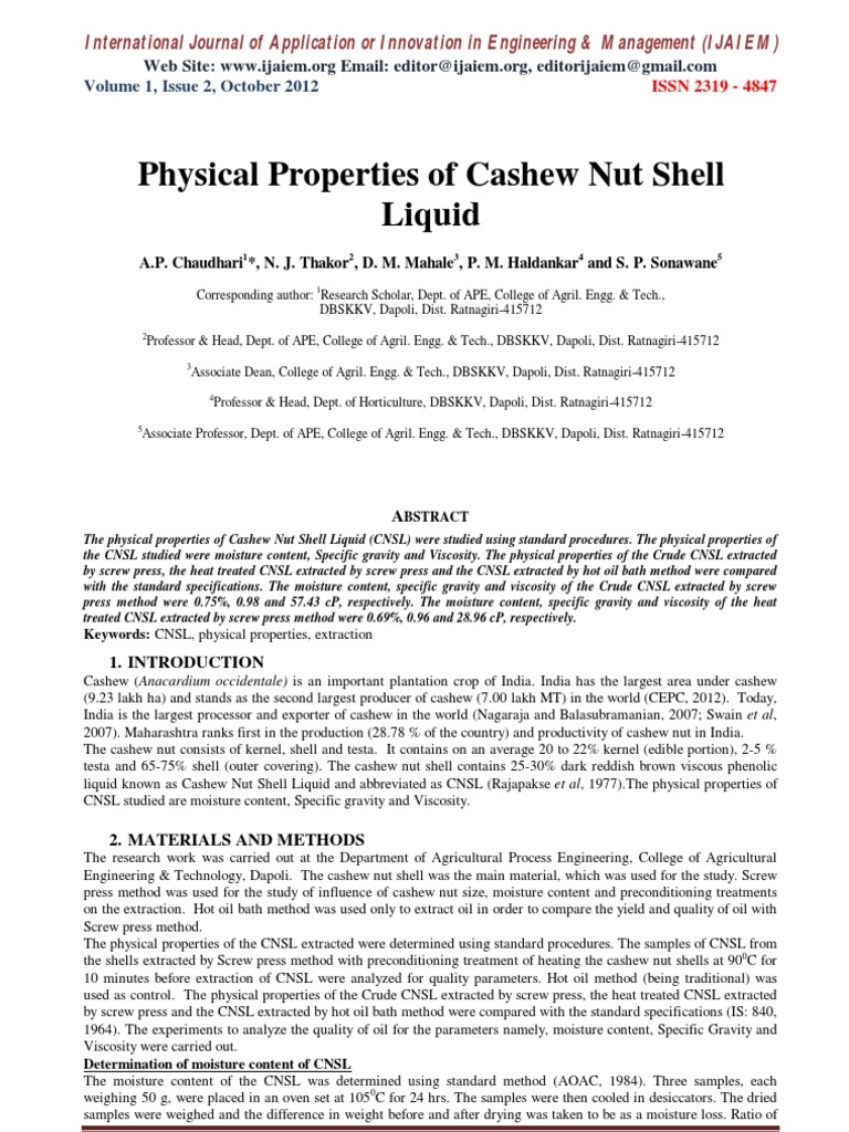 Cashew Nut Shell Liquid Properties | PDF | Oil | Physical Sciences