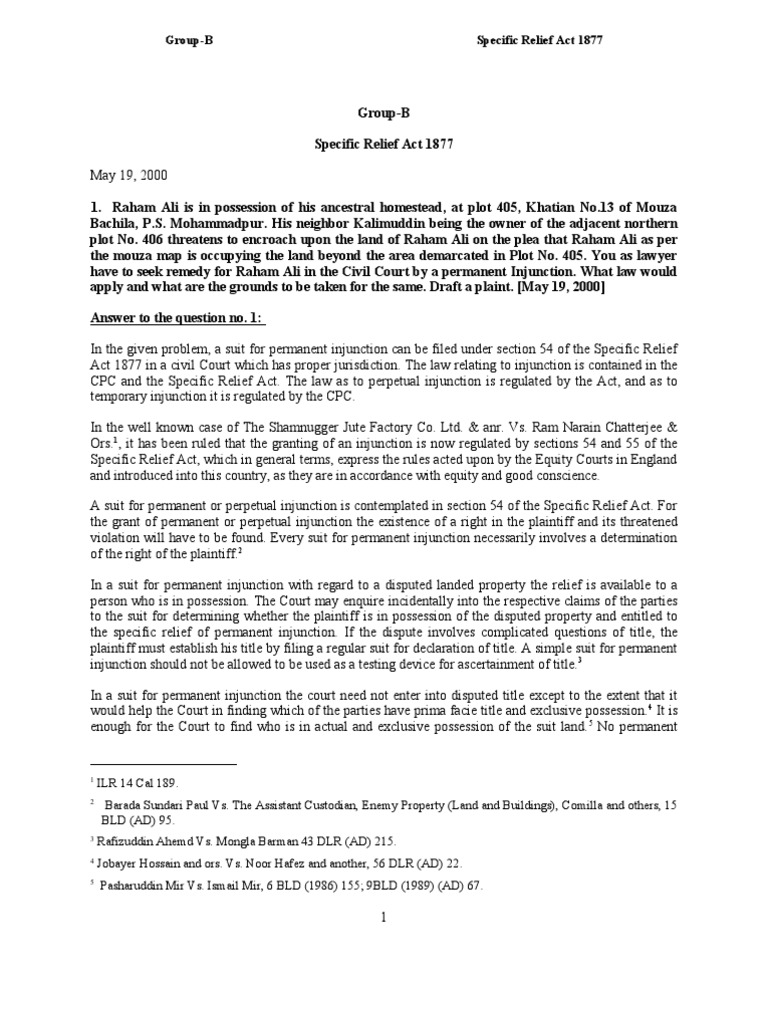 B Question SRAct With Answer | PDF | Specific Performance | Injunction