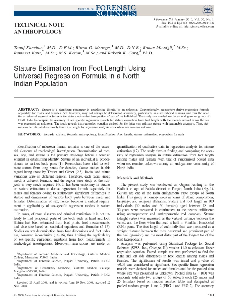 Stature Estimation From Foot Length | PDF | Regression Analysis ...