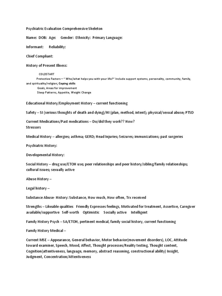 Psychiatric Evaluation Comprehensive Skeleton | PDF | Medical ...