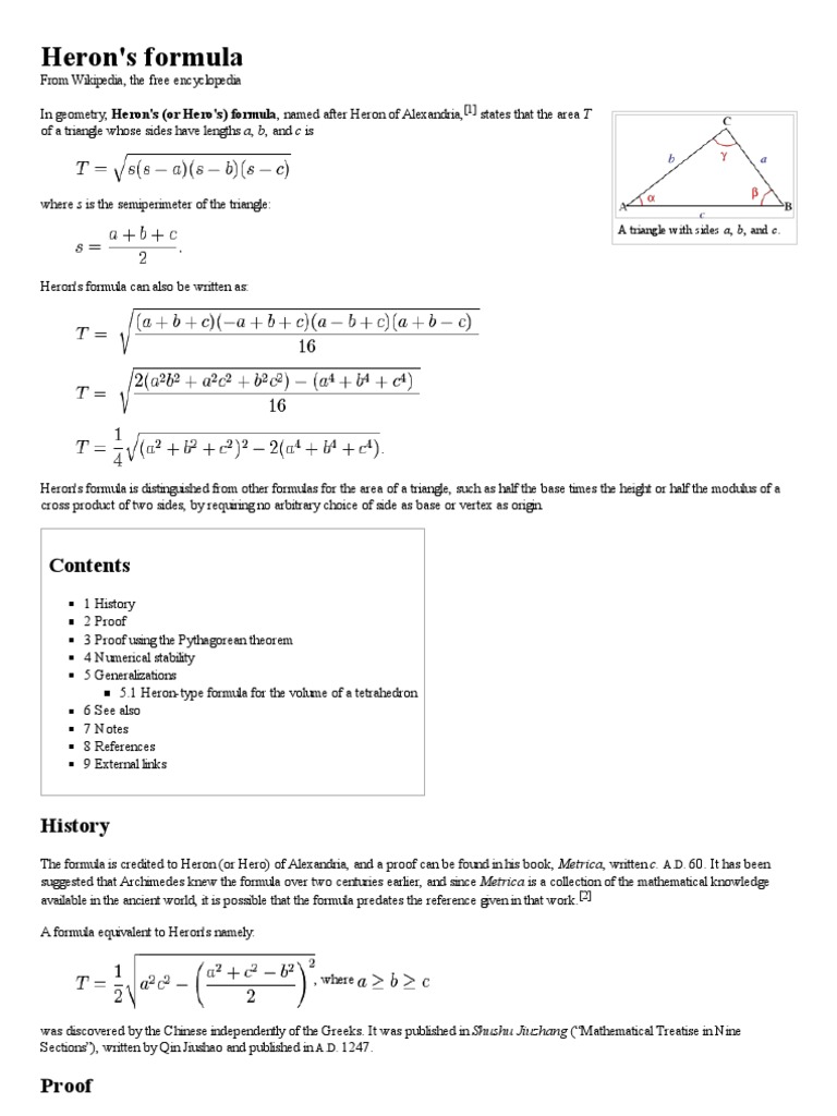 Heron's Formula - Wikipedia | PDF | Triangle Geometry | Geometric Shapes