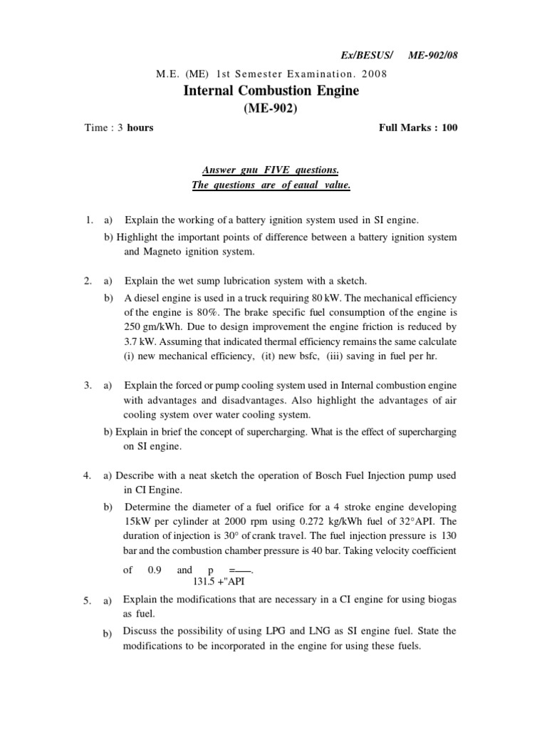 Internal Combustion Engine Exam Paper | PDF | Internal Combustion ...