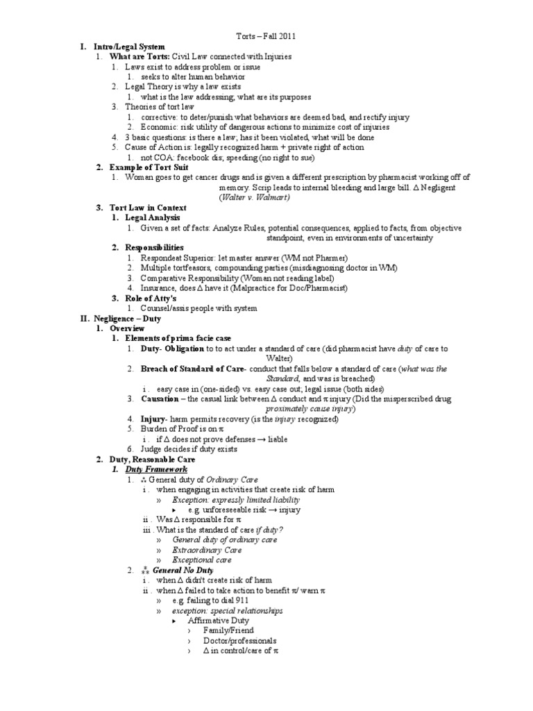 1L torts outline | Causation (Law) | Negligence