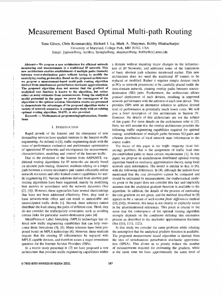 Measurement Based Optimal Multi-Path Routing: Kornmareddy. J. La. Mark A. Shayman, Bobby | PDF ...