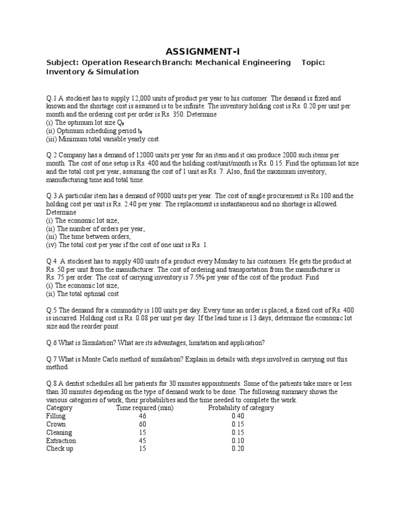 Or Assignment | PDF | Mathematical Optimization | Inventory