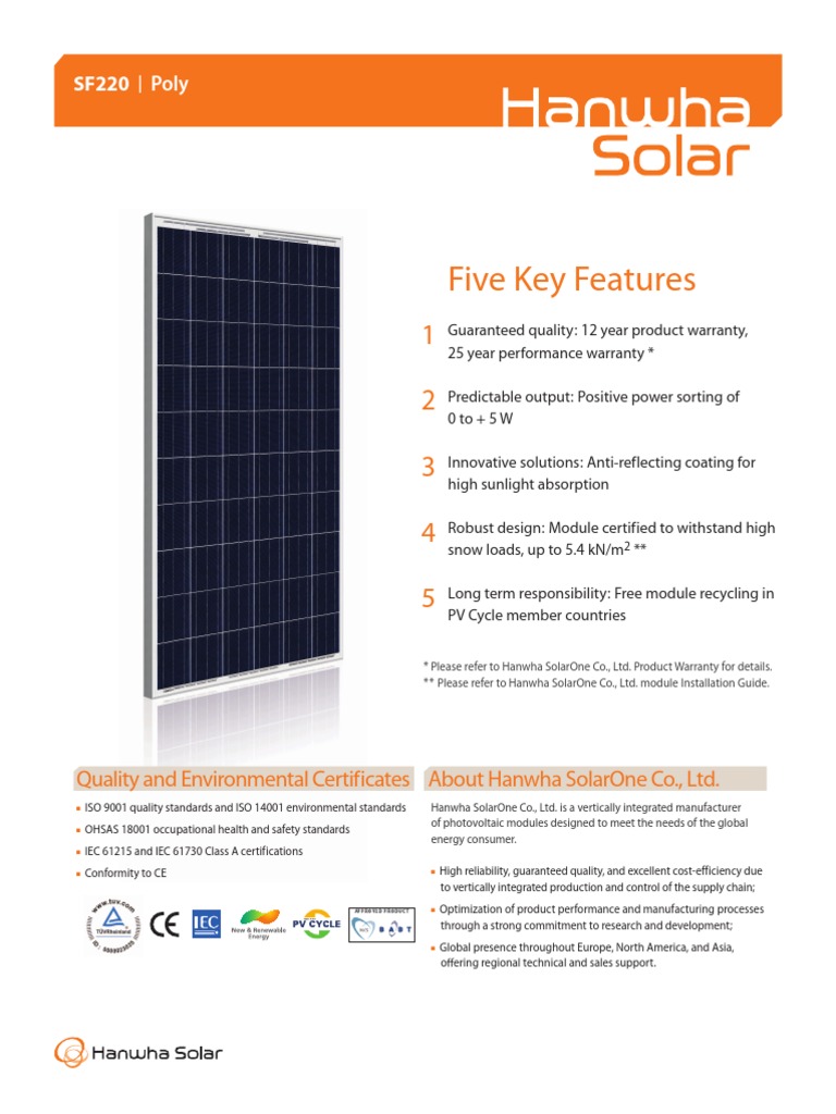 Hanwha Solarone Sf220 Poly Datasheet 51554 1 | Photovoltaics | Solar Panel