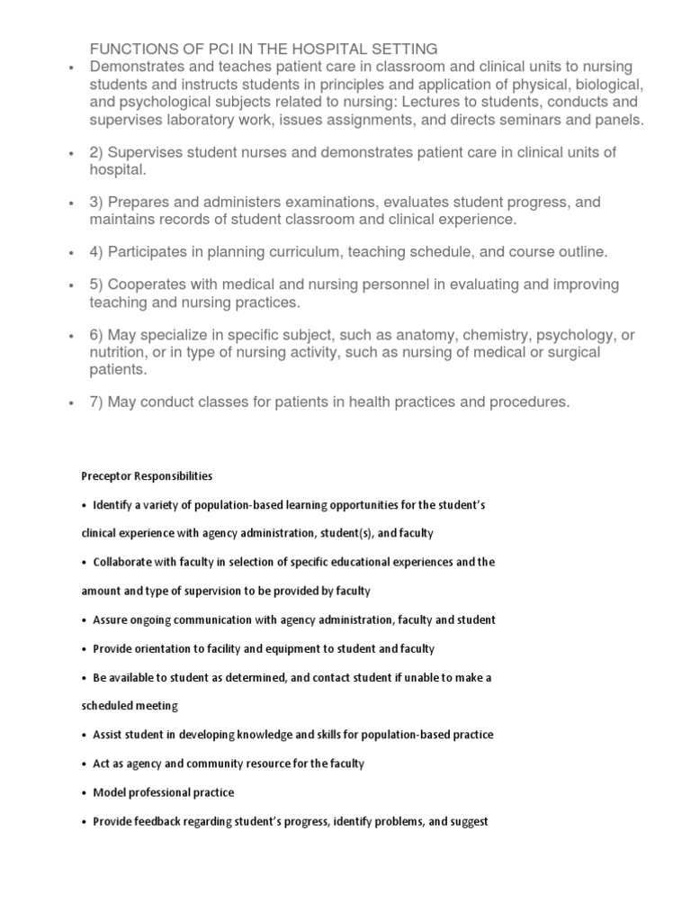 Functions of Pci in The Hospital Setting | PDF | Nursing | Health Care
