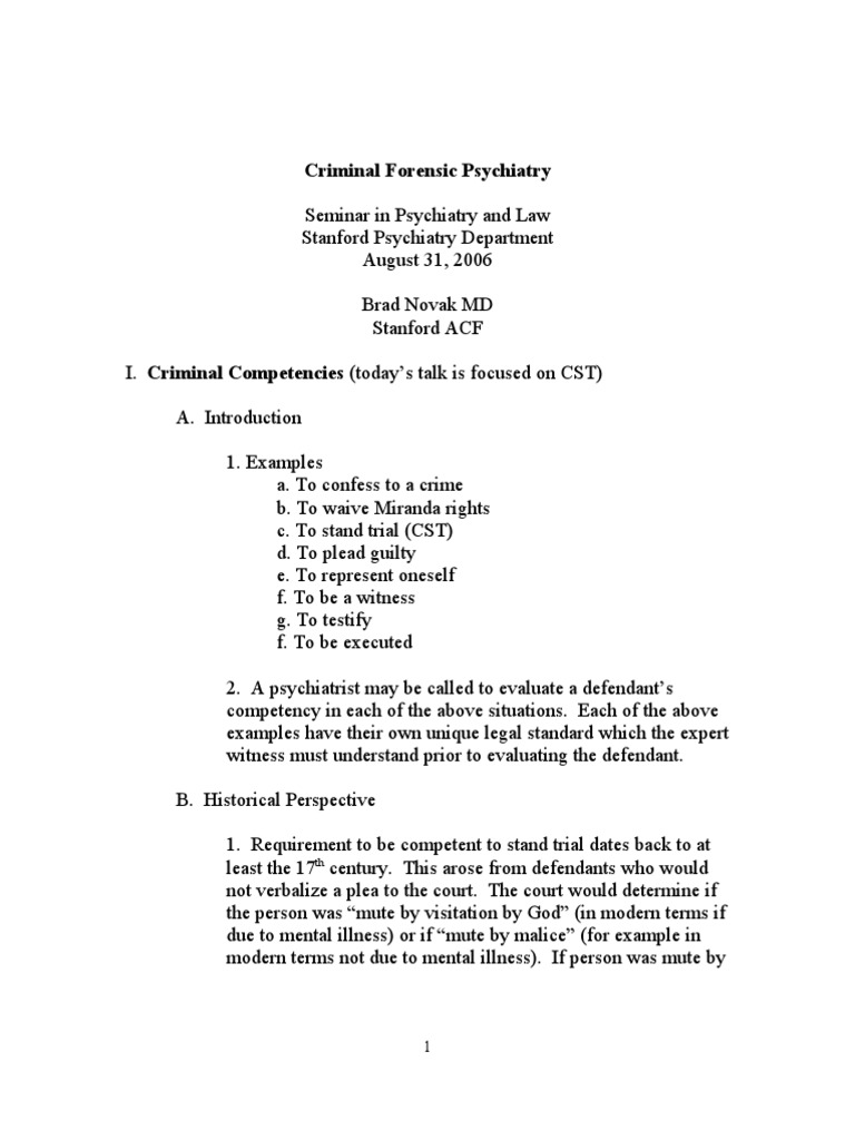 Criminal Forensic Psychiatry Outline | PDF | Insanity Defense ...
