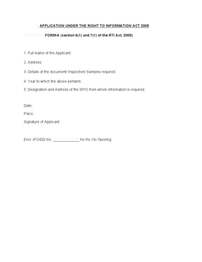 RTI Act 2005 Application Form-A | PDF