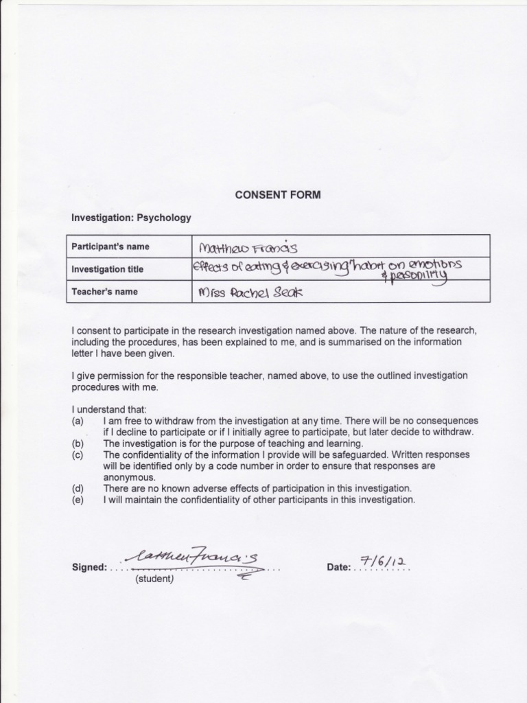 Psychology Research Consent Form | PDF | Career & Growth | Wellness