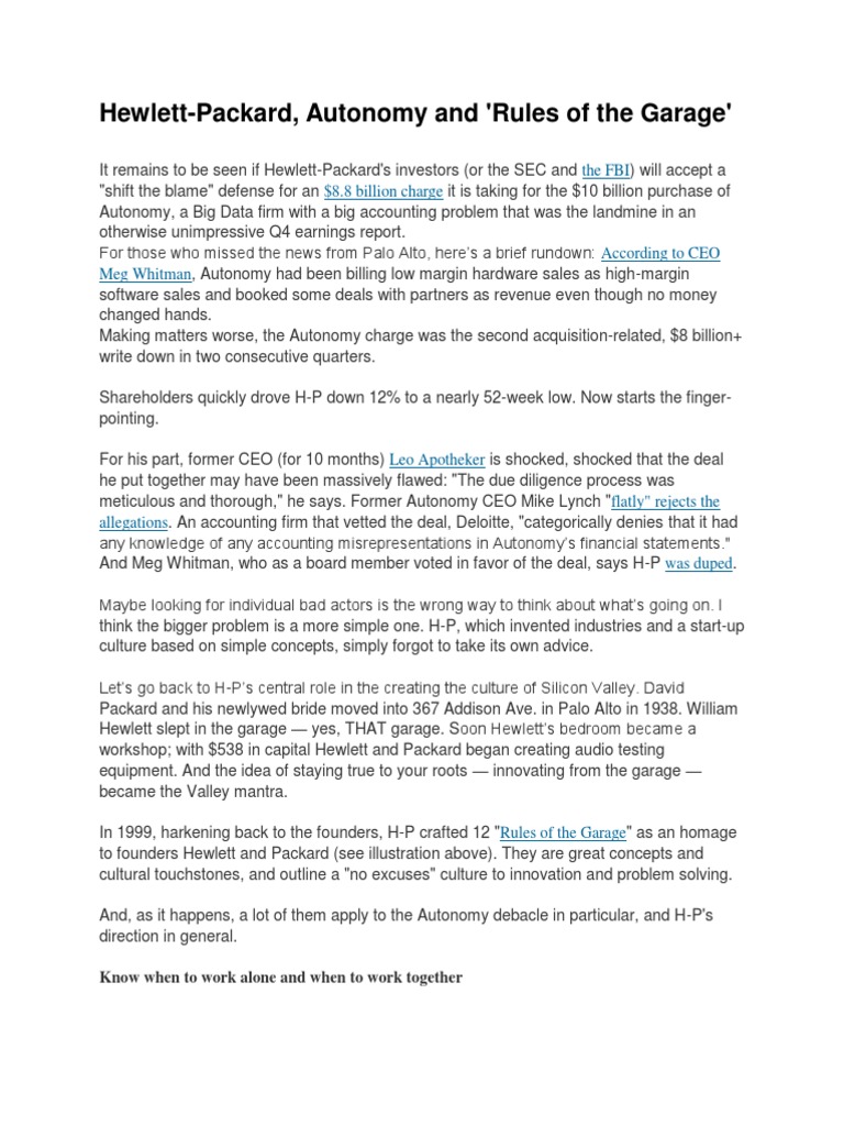 Hewlett-Packard, Autonomy and 'Rules of The Garage': The FBI $8.8 ...