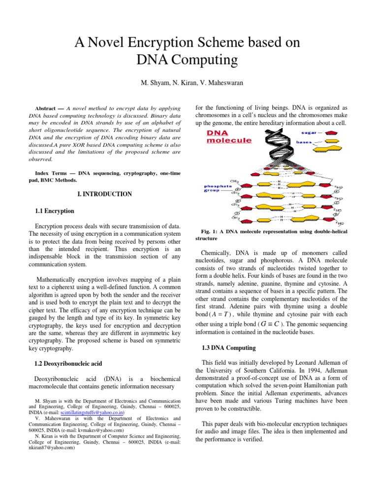 A Novel Encryption Scheme Based On DNA Computing: M. Shyam, N. Kiran, V ...