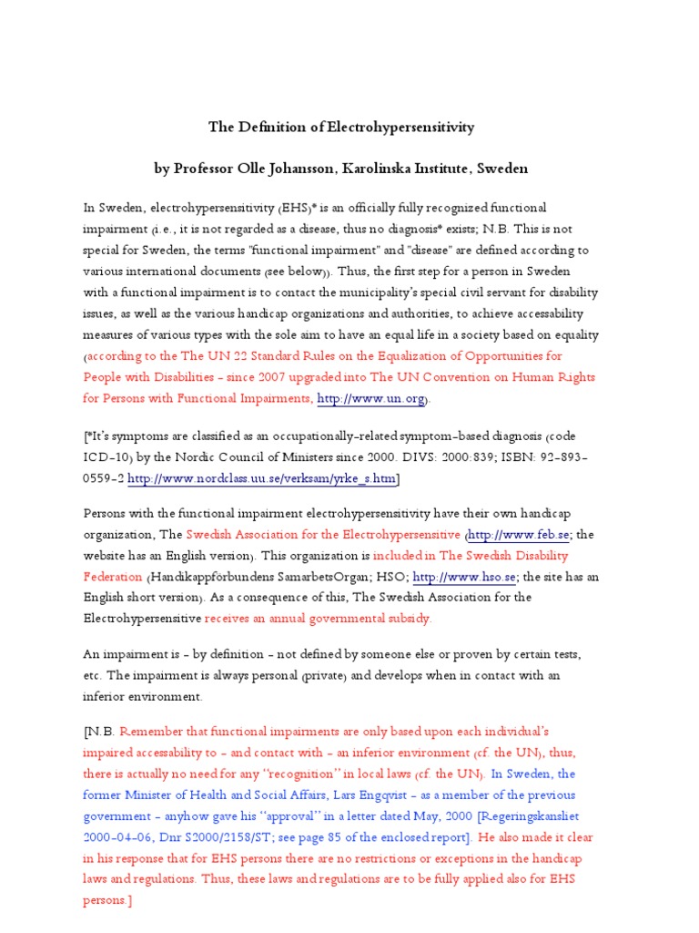 Definition of EHS (Electrohypersensitivity) by Olle Johansson | PDF ...