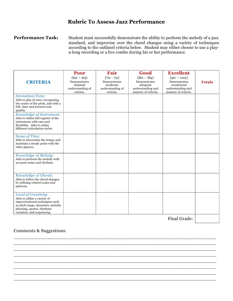 Jazz Performance Assessment Rubric | PDF | Language Arts & Discipline ...
