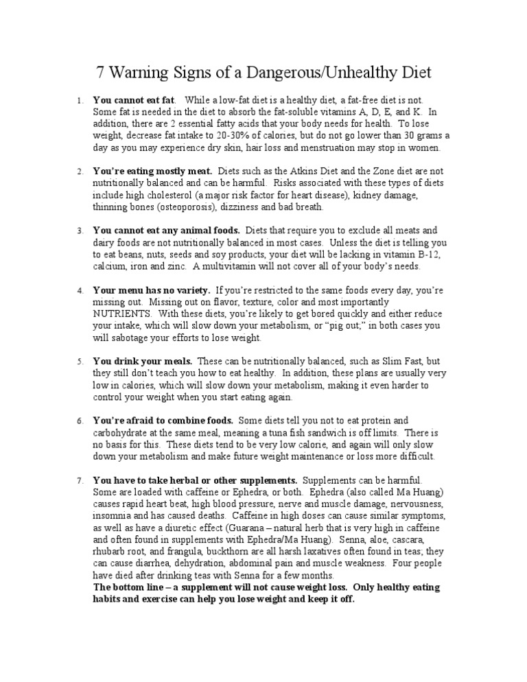 7 Warning Signs of A Dangerous/Unhealthy Diet | Download Free PDF ...