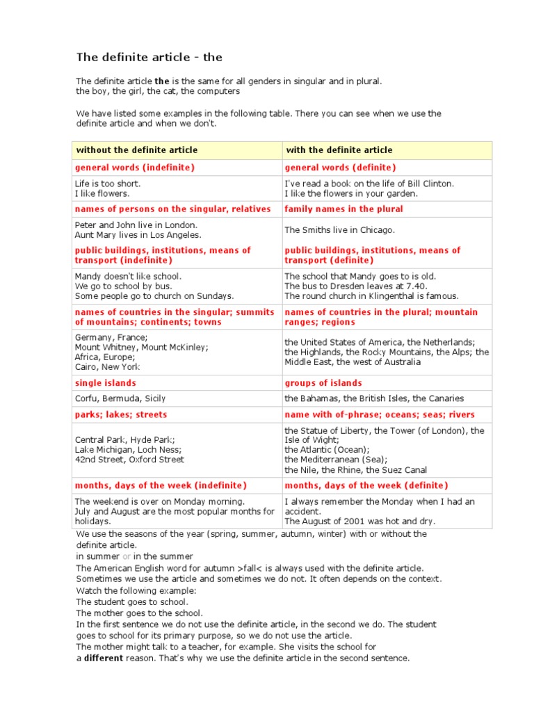 Hoja Fija 9 The Definite Article | PDF | Morphology