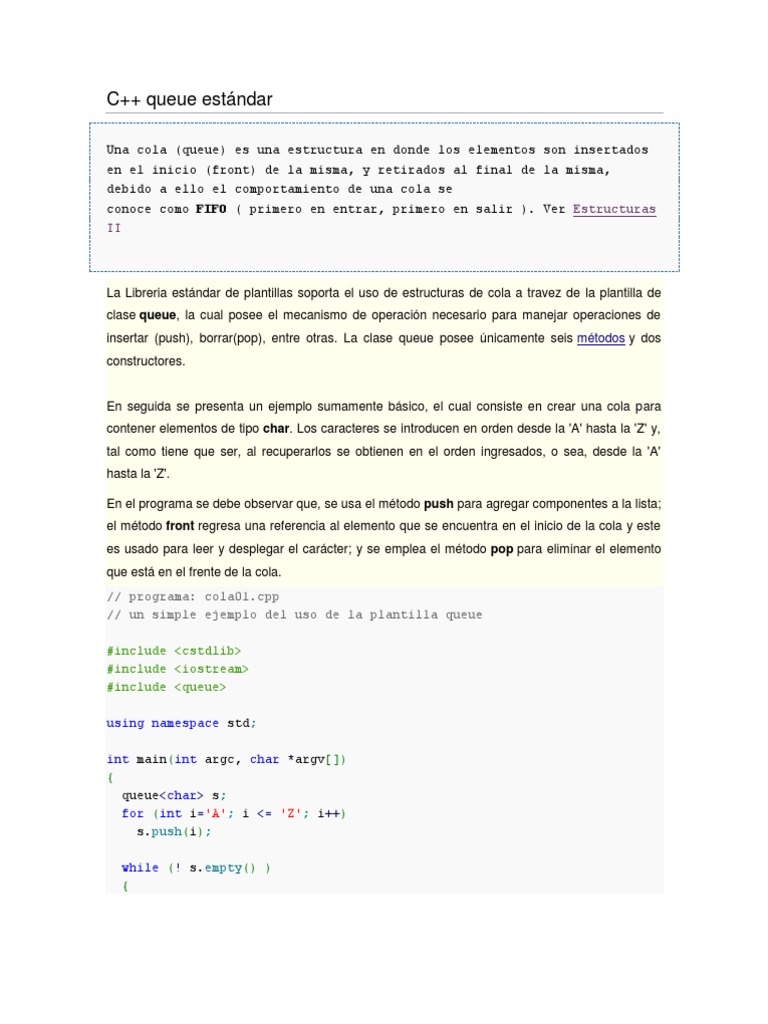 C++ Queue Estándar: Estructuras II | PDF | Cola (tipo de datos abstractos) | C